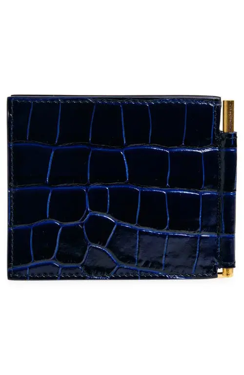 Tom Ford T-Line Croc Embossed Leather Money Clip Wallet - Royal